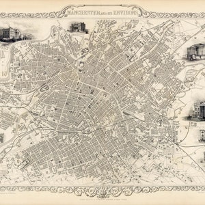 Manchester Map 1851, Vintage Map of Manchester, England in High ...
