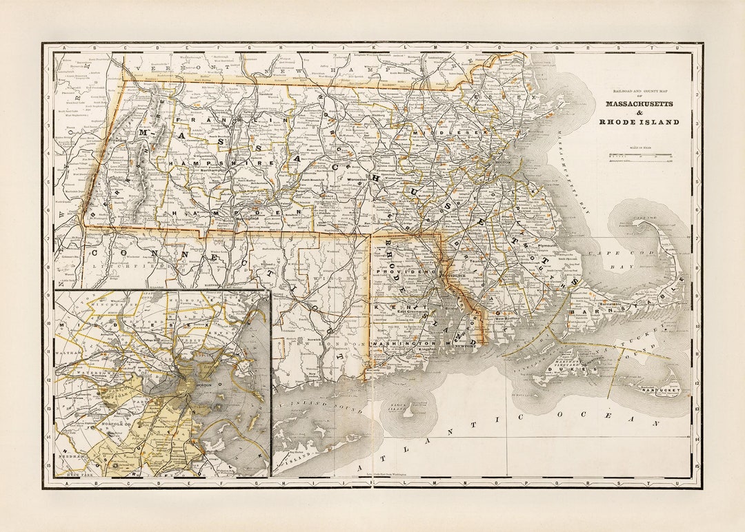Massachusetts State Map With Rhode Island, 1891, Old Map of ...