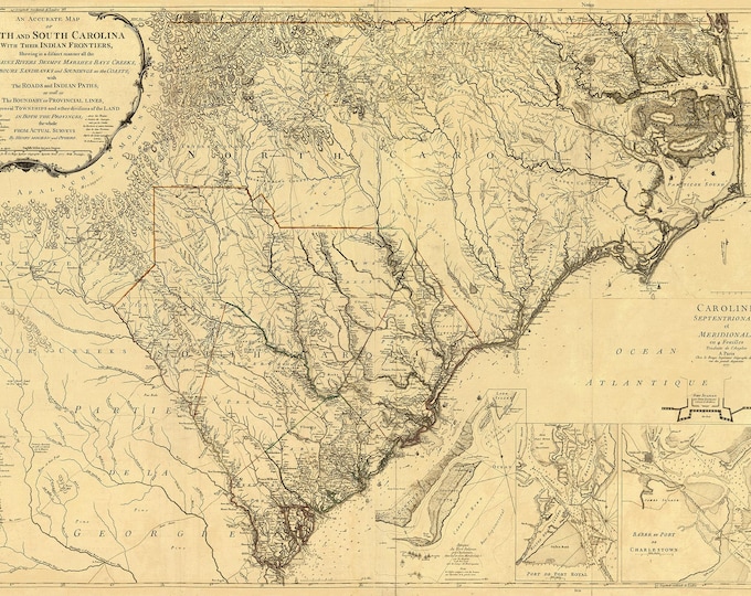 Carolina Map Art C. 1715 Hand Drawn Maps Early Map of the Carolinas ...