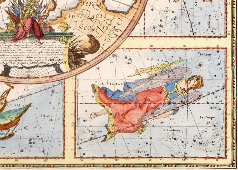 Zodiac World Map 1615, Old Map of Star Constellations With Map of the ...