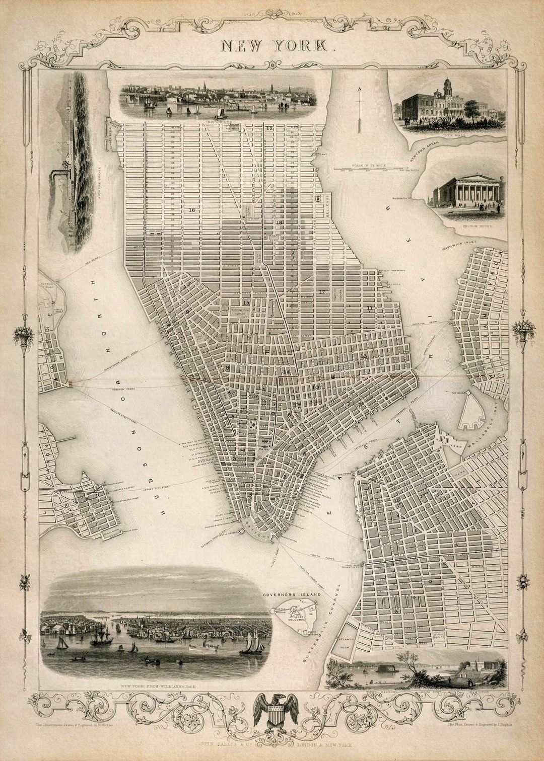 New York Map 1851, Old Pictorial Map of New York City, NY in High ...