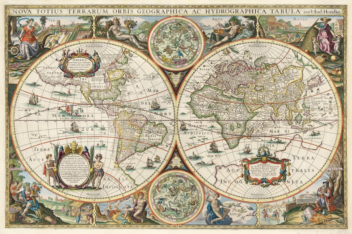 Map of the World 1636, Colorful Old World Map in High Resolution Prints ...