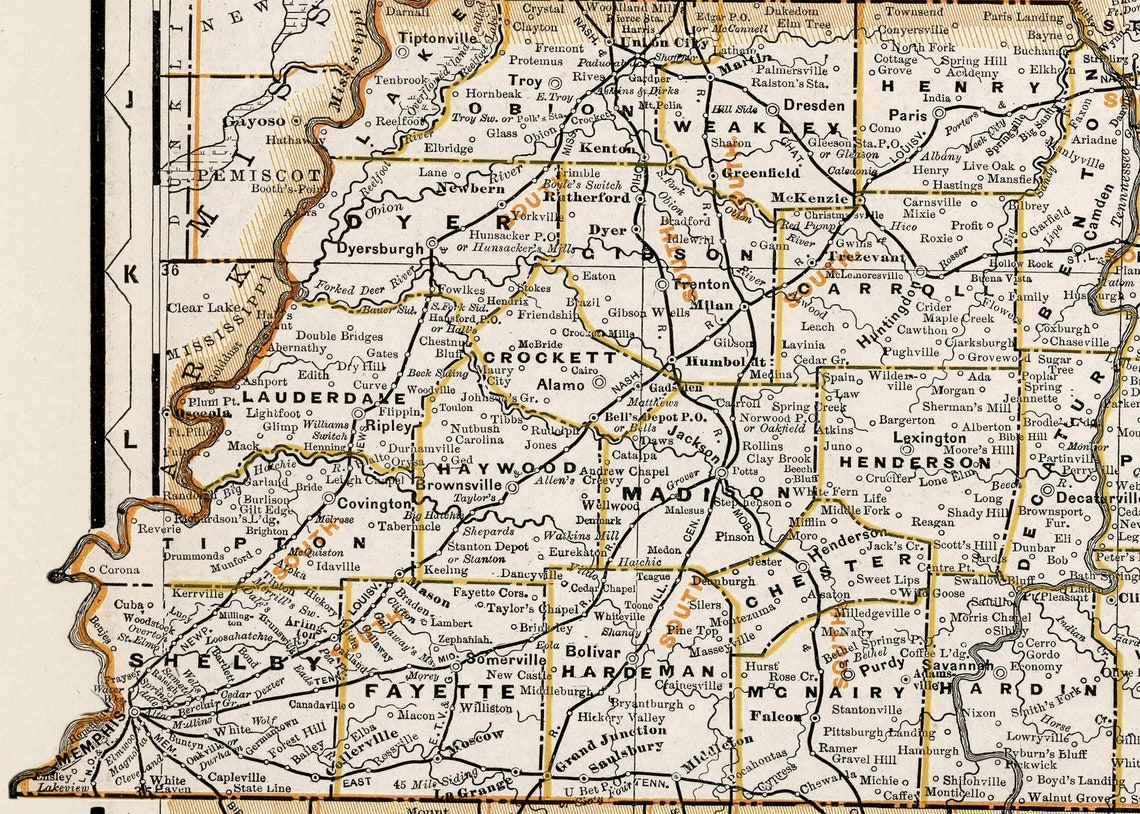 Kentucky & Tennessee State Map 1891, Old Map of Tennessee and Kentucky ...