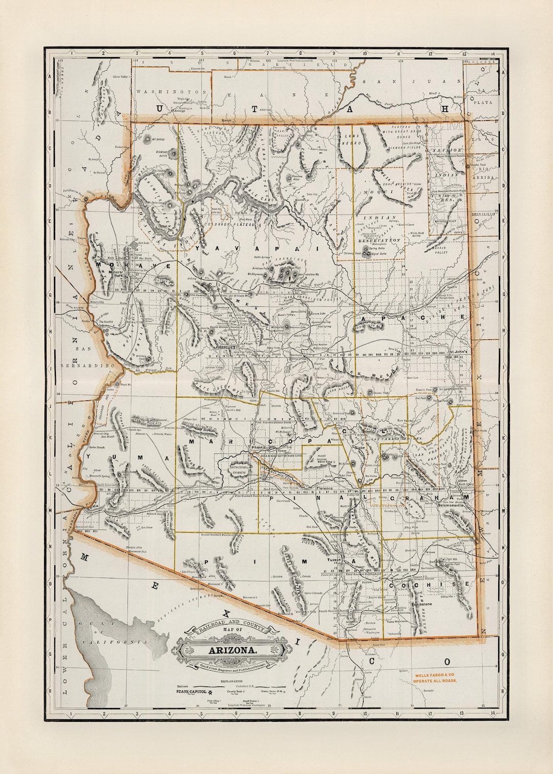 Arizona State Map 1891, Old Map of Arizona in High Resolution Prints up ...