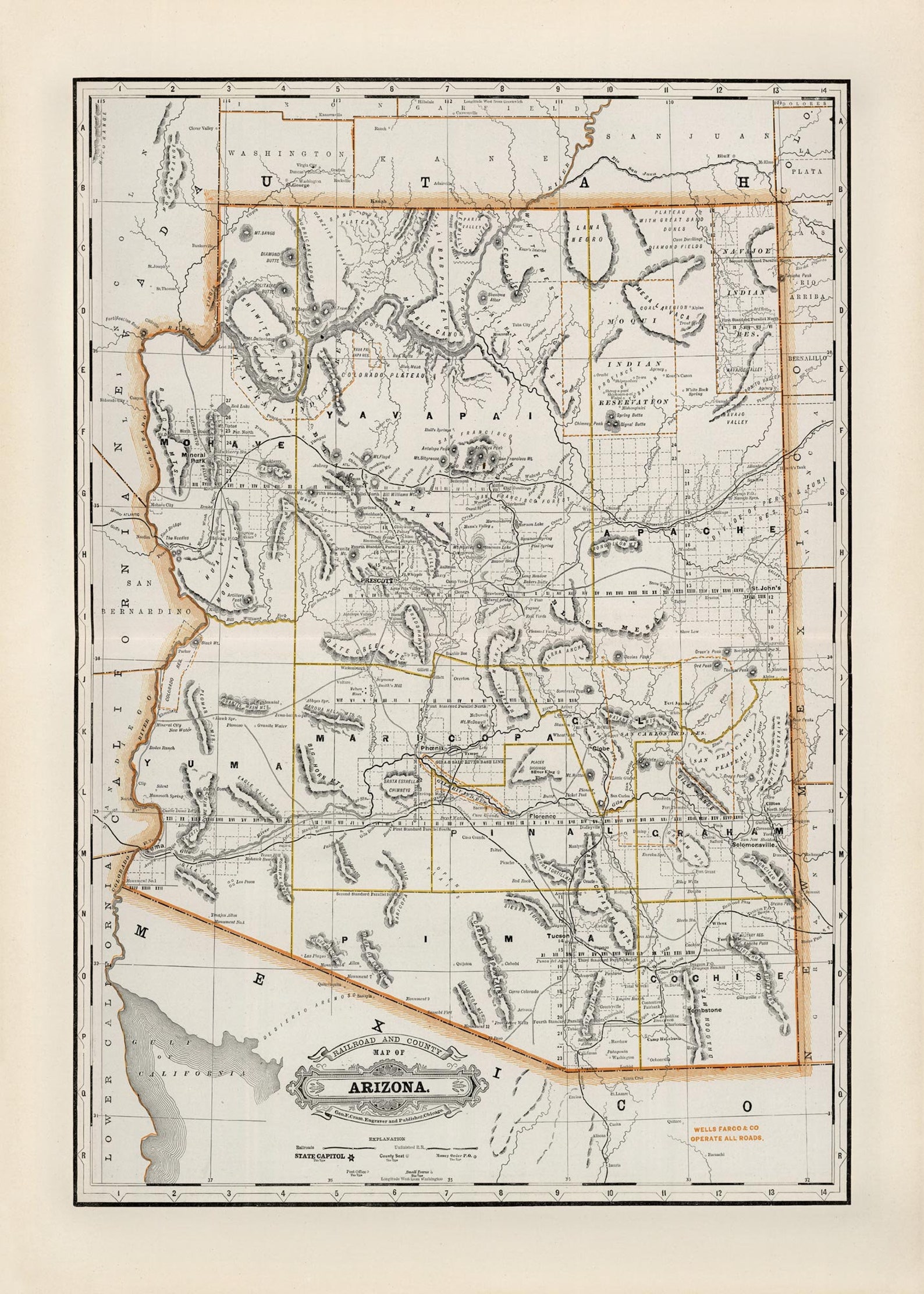 Arizona State Map 1891, Old Map of Arizona in High Resolution Prints up ...