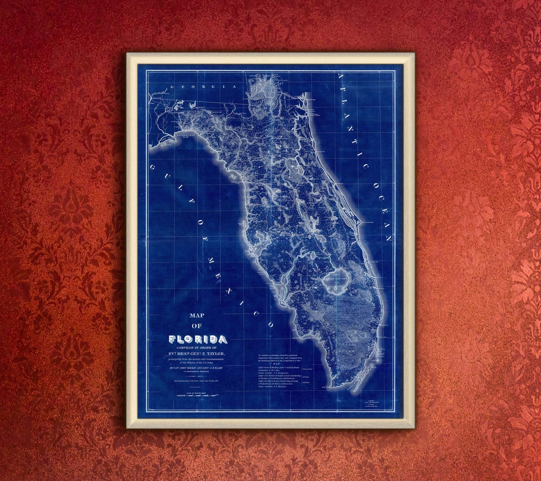 Map of Florida in Blue LAST COPY, 18 X 24 Inches Print of Rare Vintage ...