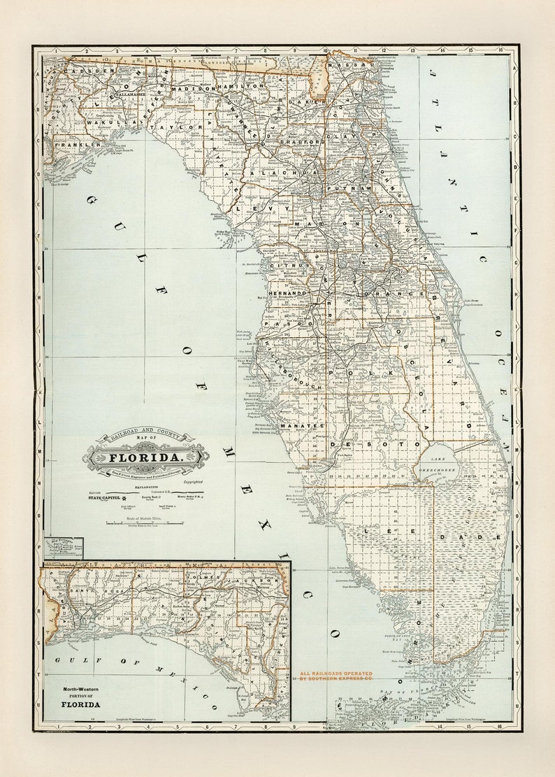 Florida State Map 1891 Old Map of Florida in High Resolution | Etsy