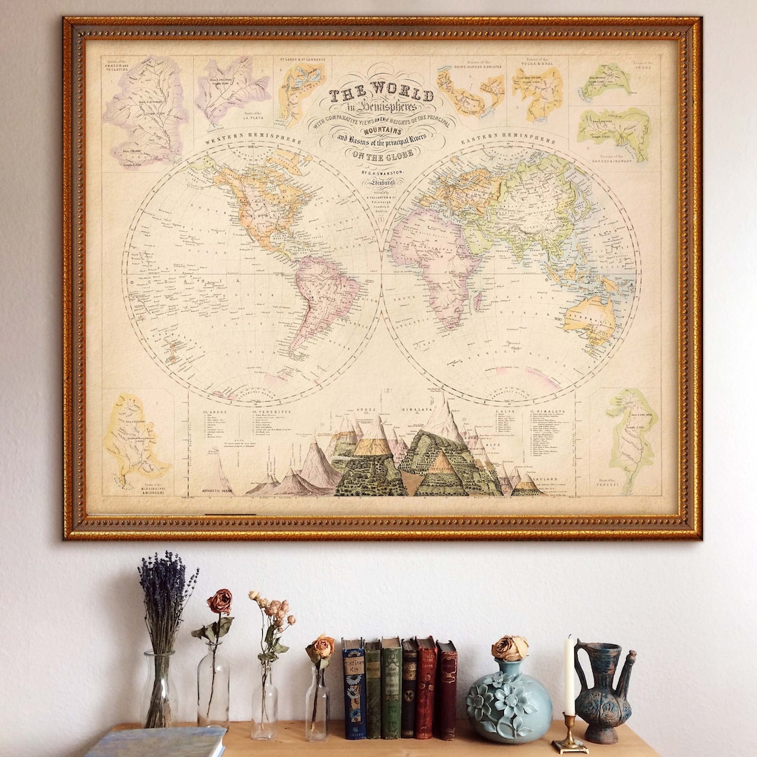 Victorian World Map, Map of the World 1849 With Mountains & Rivers, 5 ...