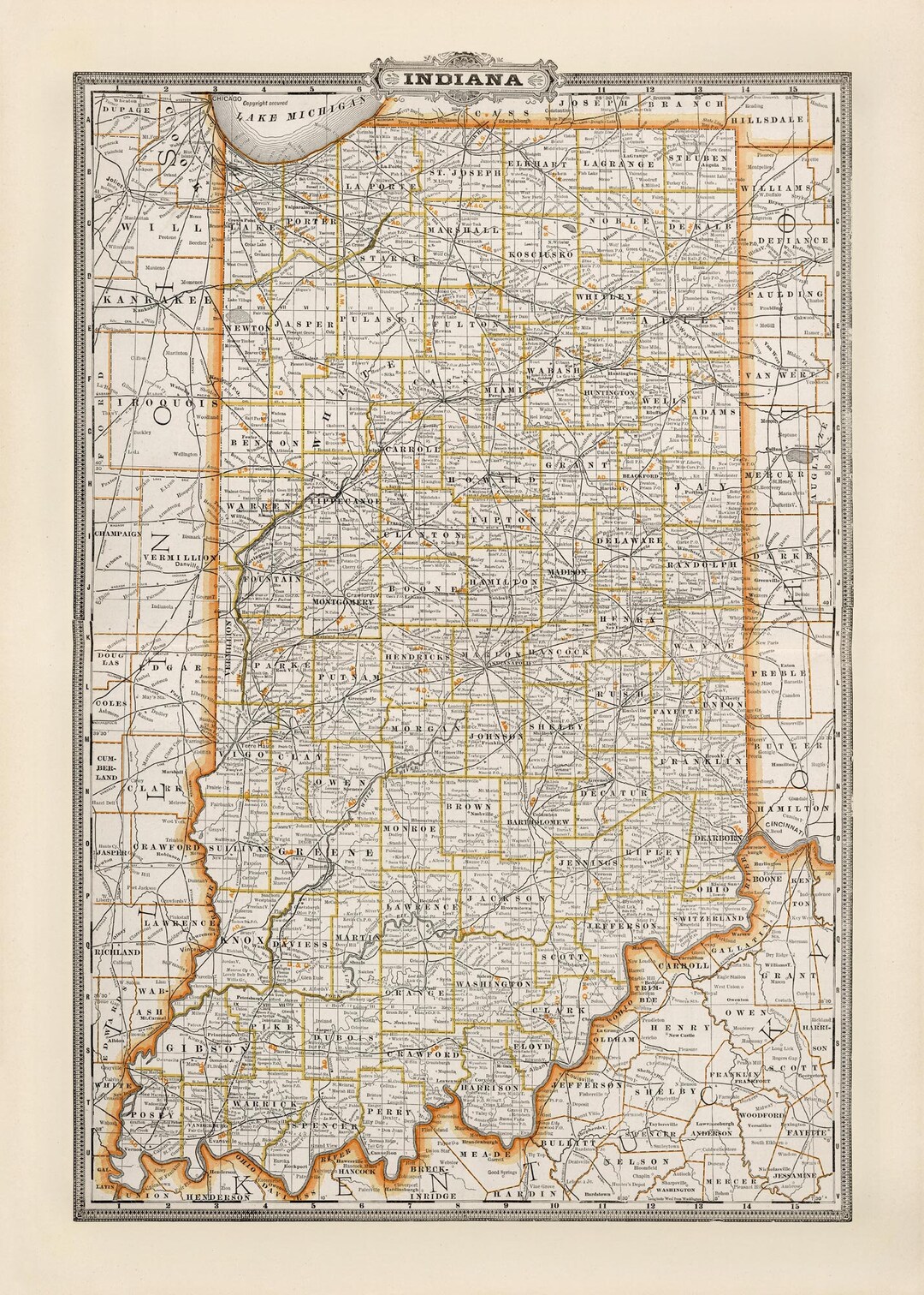 Indiana State Map 1891, Old Map of Indiana in High Resolution Prints up ...