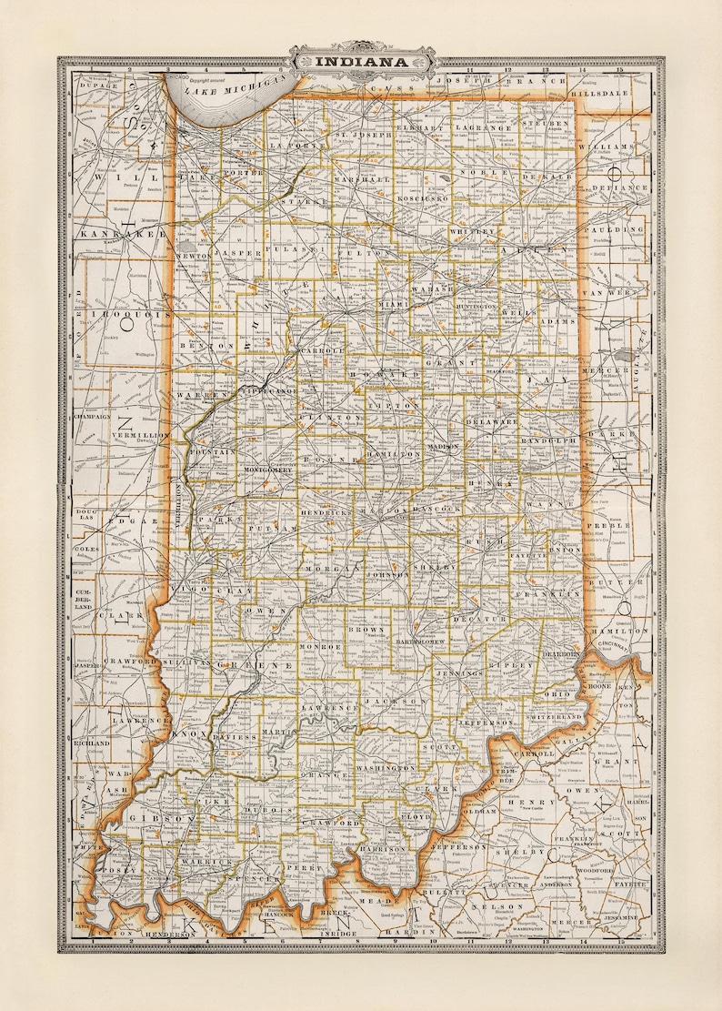 Indiana State Map 1891 Old Map of Indiana in High Resolution | Etsy