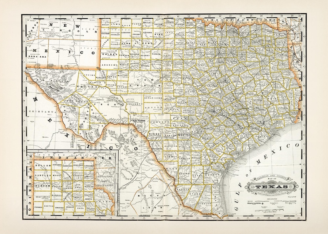 Texas State Map 1891, Vintage Map of Texas State in High Resolution ...