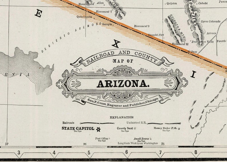 Arizona State Map 1891 Old Map of Arizona in High Resolution - Etsy
