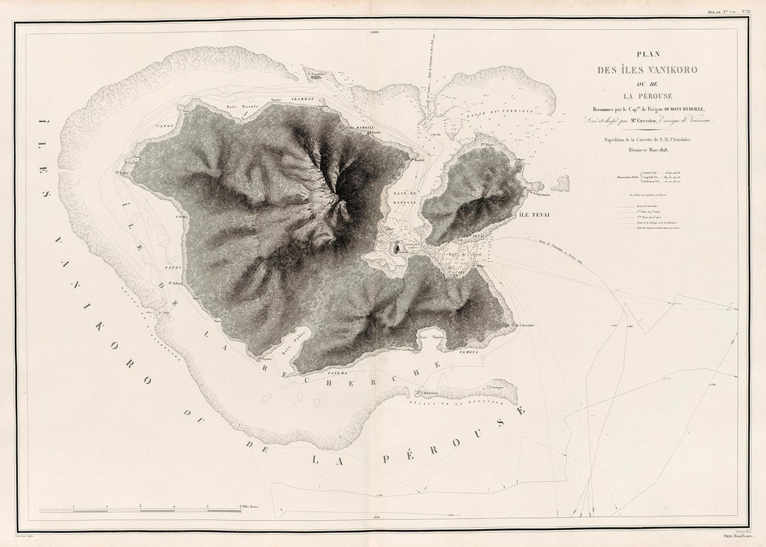 Vanikoro Map 1828, Rare Old Map of Tropical Island in High Resolution ...