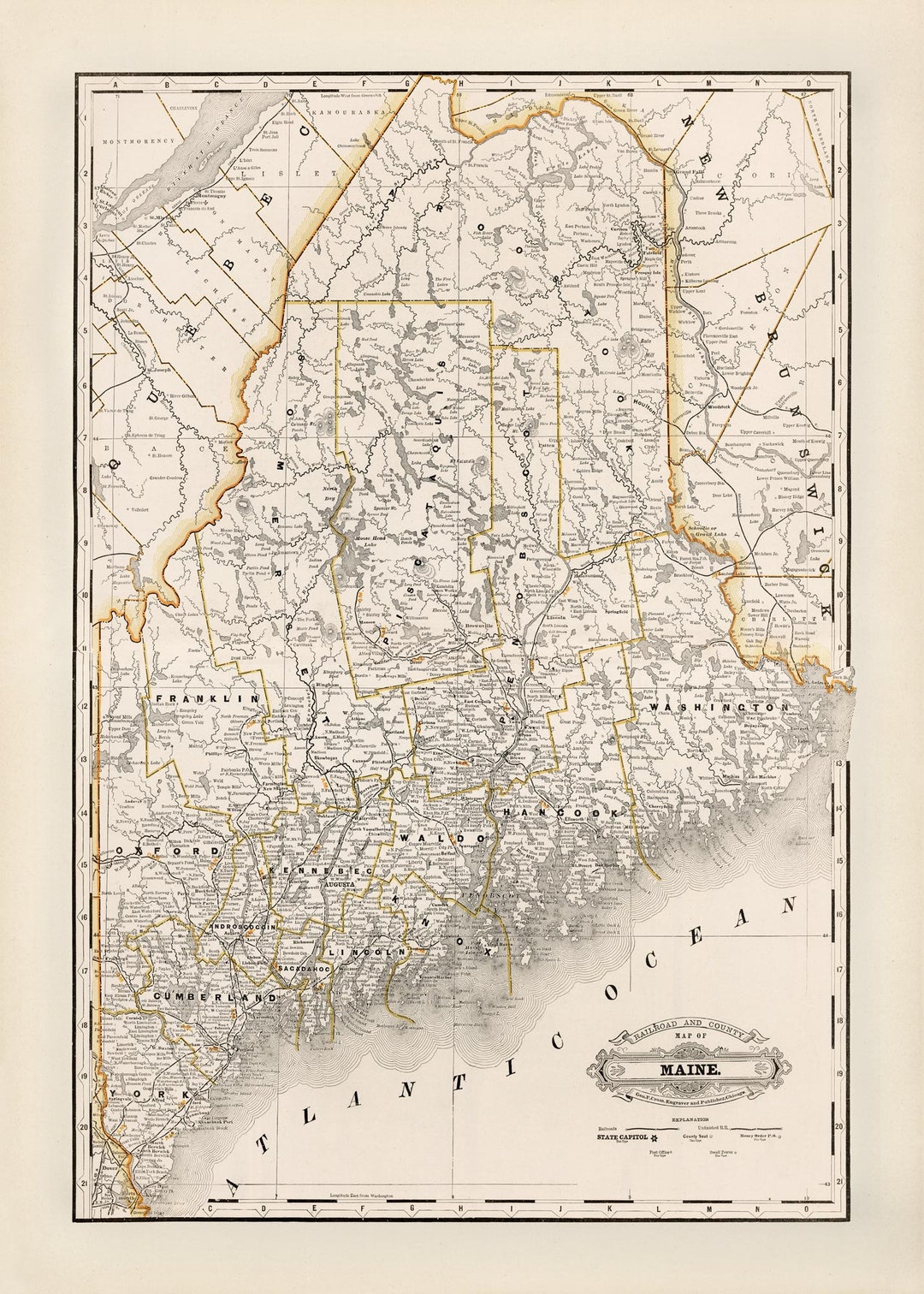 Maine State Map 1891, Old Map of Maine in High Resolution Prints up to ...