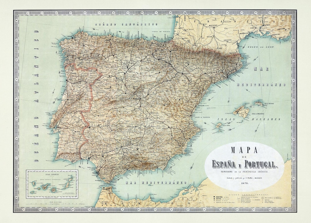 Map of Spain & Portugal 1872, Vintage Map of Spain and Portugal in High ...
