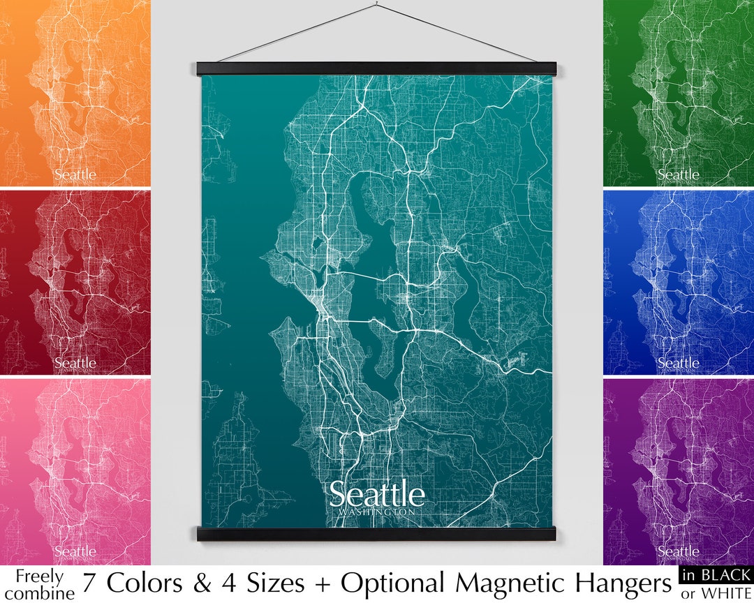 Seattle Map Print Poster, Map of Seattle, WA Minimalist Art, 7 Colors 4 ...