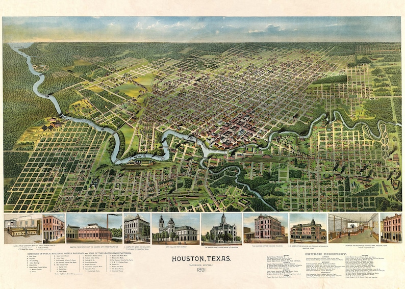 Houston Map 1891 Vintage Map of Houston TX in High | Etsy