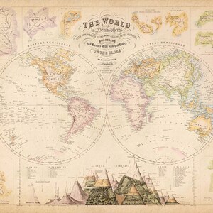 Victorian World Map, Map of the World 1849 With Mountains & Rivers, 5 ...
