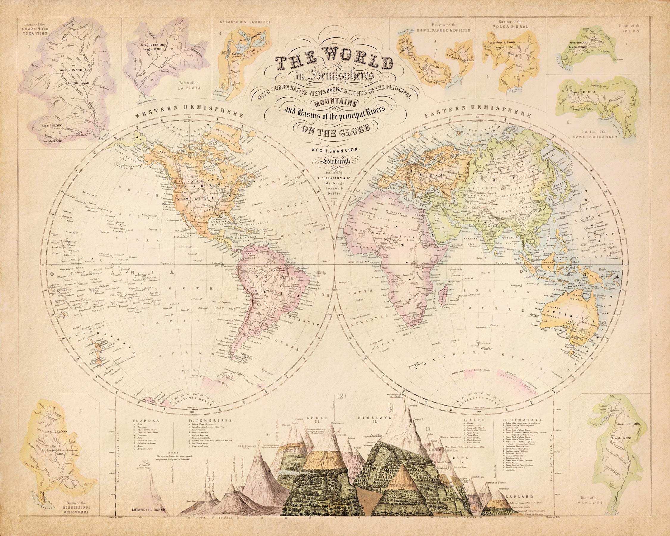 Victorian World Map, Map of the World 1849 With Mountains & Rivers, 5 ...