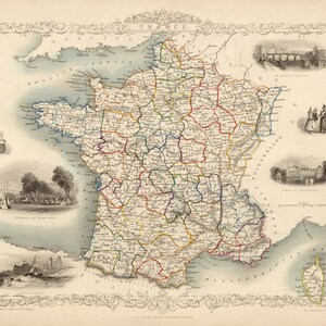 Old Map of France, 7 Sizes up to 53x40″ (135x100cm) Vintage French Map ...