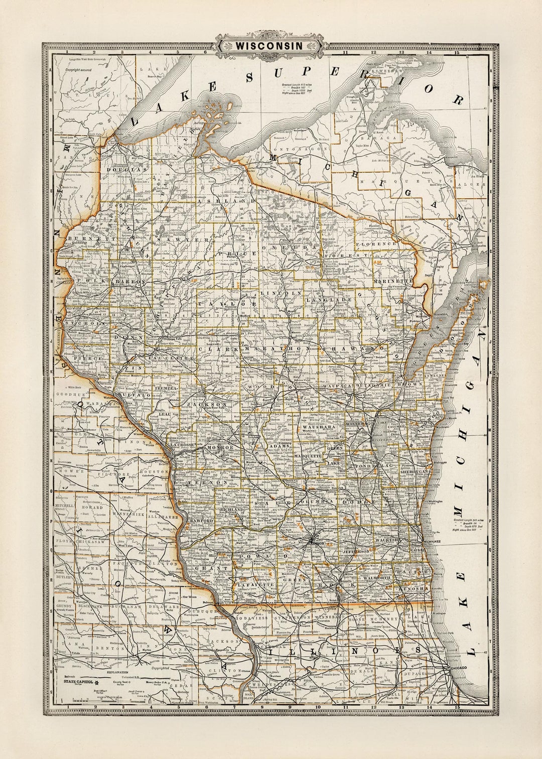 Wisconsin State Map 1891, Old Map of Wisconsin in High Resolution ...