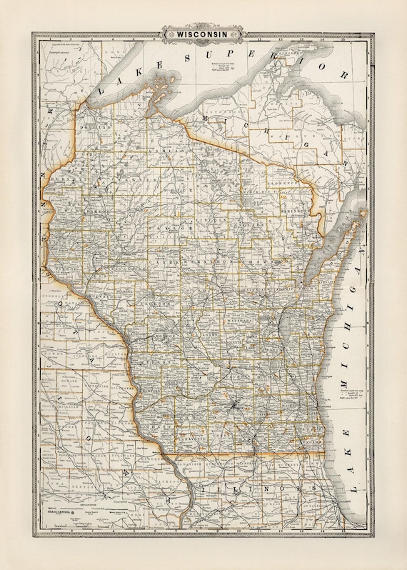 Wisconsin State Map 1891 Old Map of Wisconsin in High | Etsy