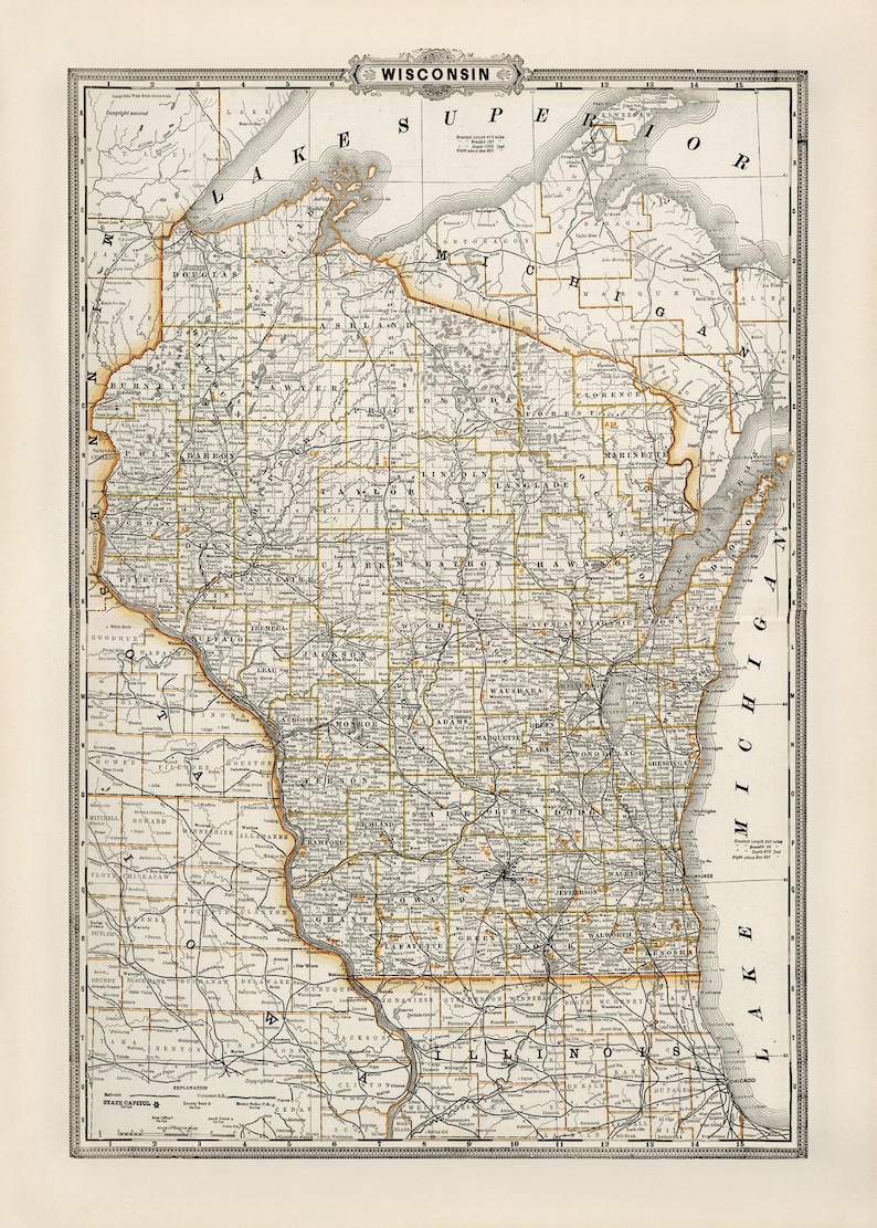 Wisconsin State Map 1891 Old Map of Wisconsin in High | Etsy