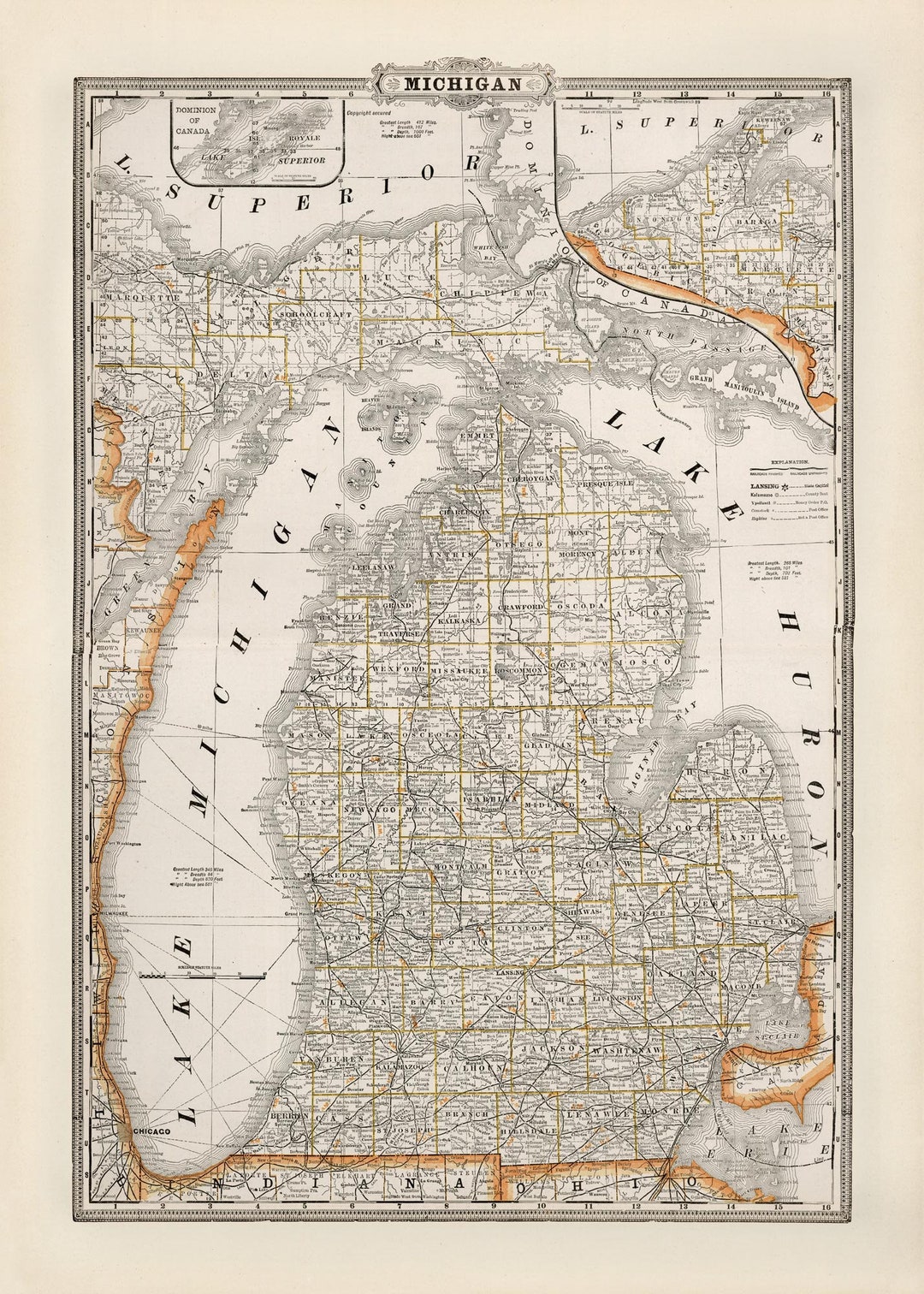 Michigan State Map 1891, Old Map of Michigan in High Resolution Prints ...