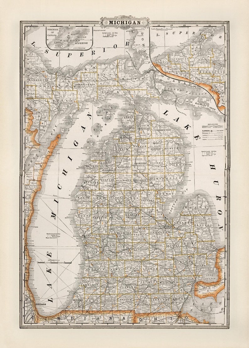 Michigan State Map 1891, Old Map of Michigan in High Resolution Prints ...