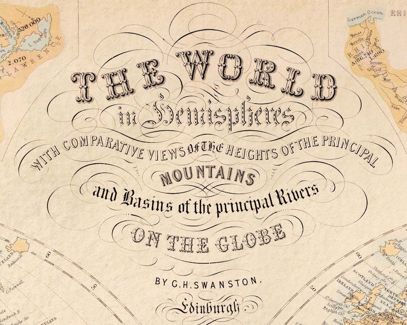 Victorian World Map, Map of the World 1849 With Mountains & Rivers, 5 ...
