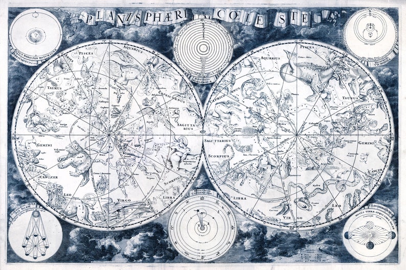 Old Sky Map With Zodiac Signs in 5 Sizes up to 60x40″ (150x100cm ...