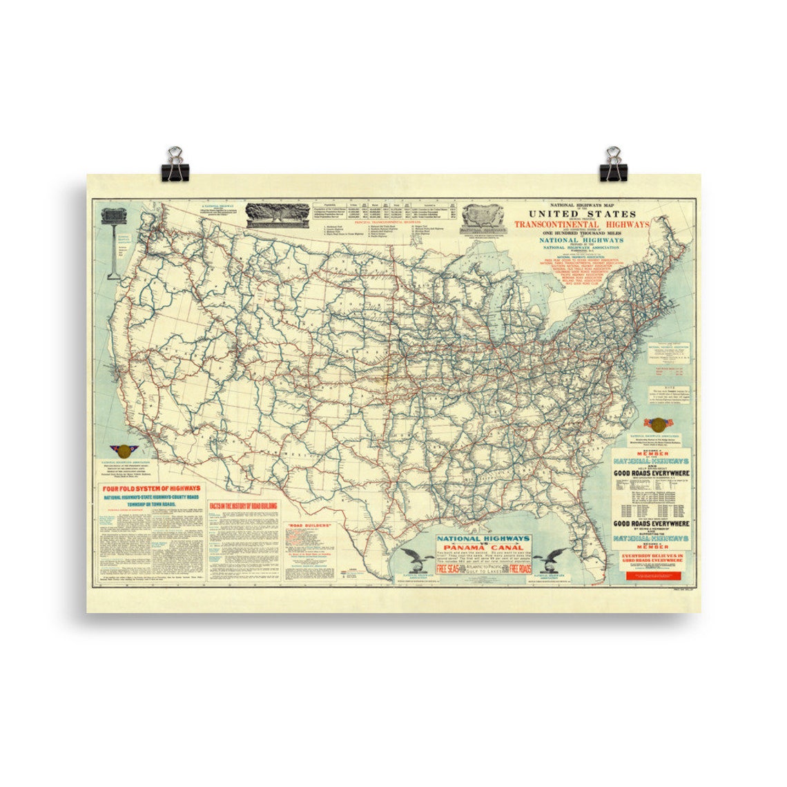 US Map 1915 Vintage Road Map of United States in High | Etsy