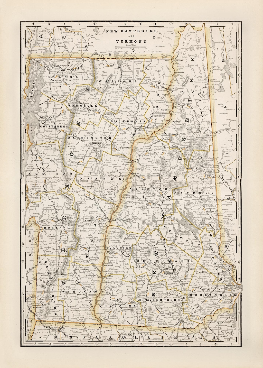 New Hampshire & Vermont State Map 1891, Old Map of Vermont and New ...
