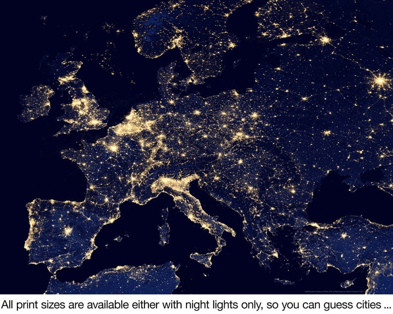 Europe Night Lights Satellite Image in 7 Sizes up to 53x40″ (135x100 Cm ...