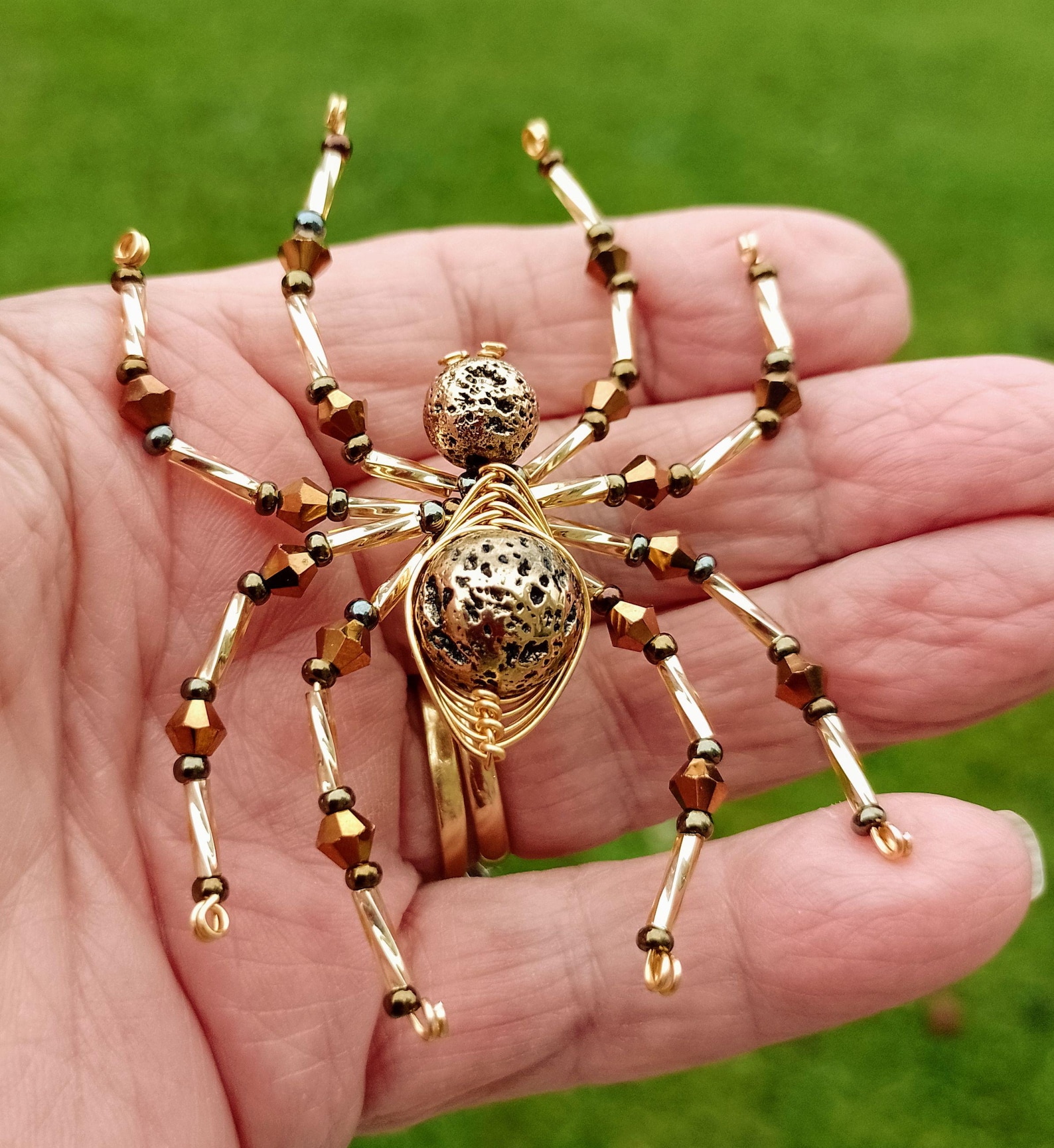 Volcanic Lava Spider Ornament – Rose Gold Wire, Emerald Green Crystals ...