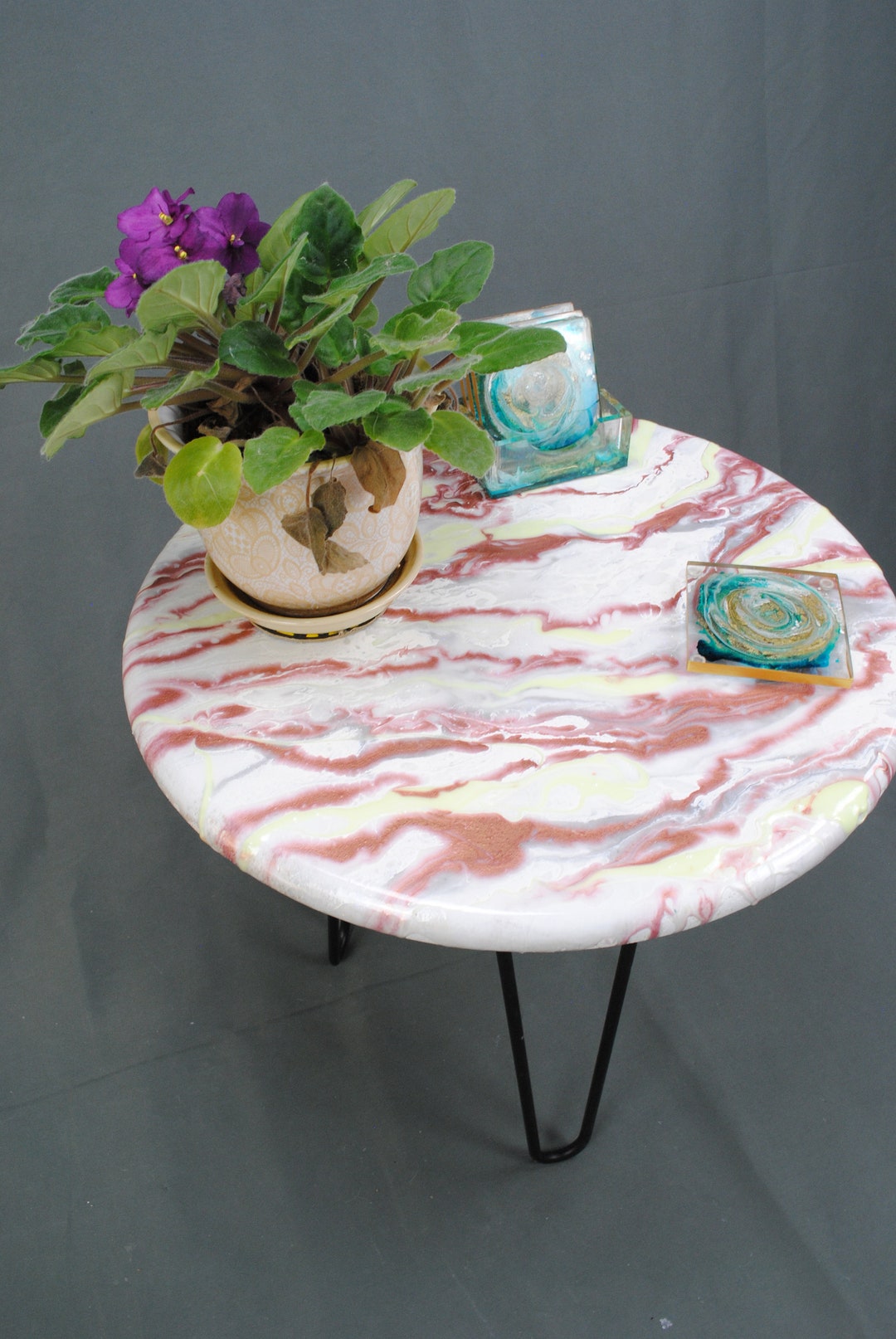 Chartreuse and Rose Gold Marble, Epoxy Resin Side Table, Bedside Table ...
