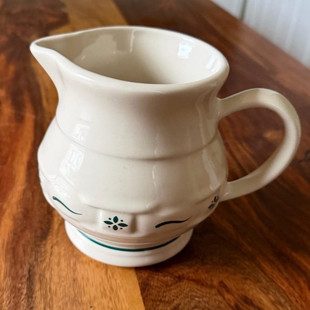 Longaberger Pottery Creamer Pitcher Ivory Green Stoneware Oven Safe USA ...