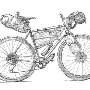 BIKEPACKING BIKE - Pen and Ink Black and White Bike Art Drawing Sketch ...