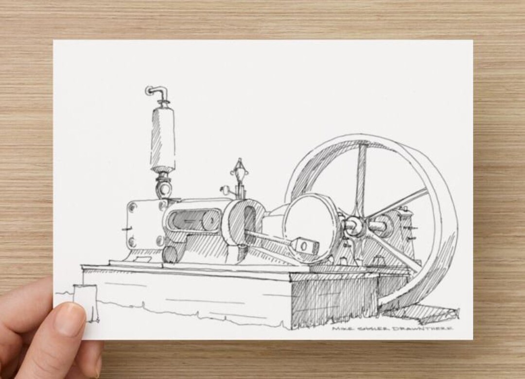 VINTAGE STEAM ENGINE - Technology, Power, Engineering, Line Drawing ...