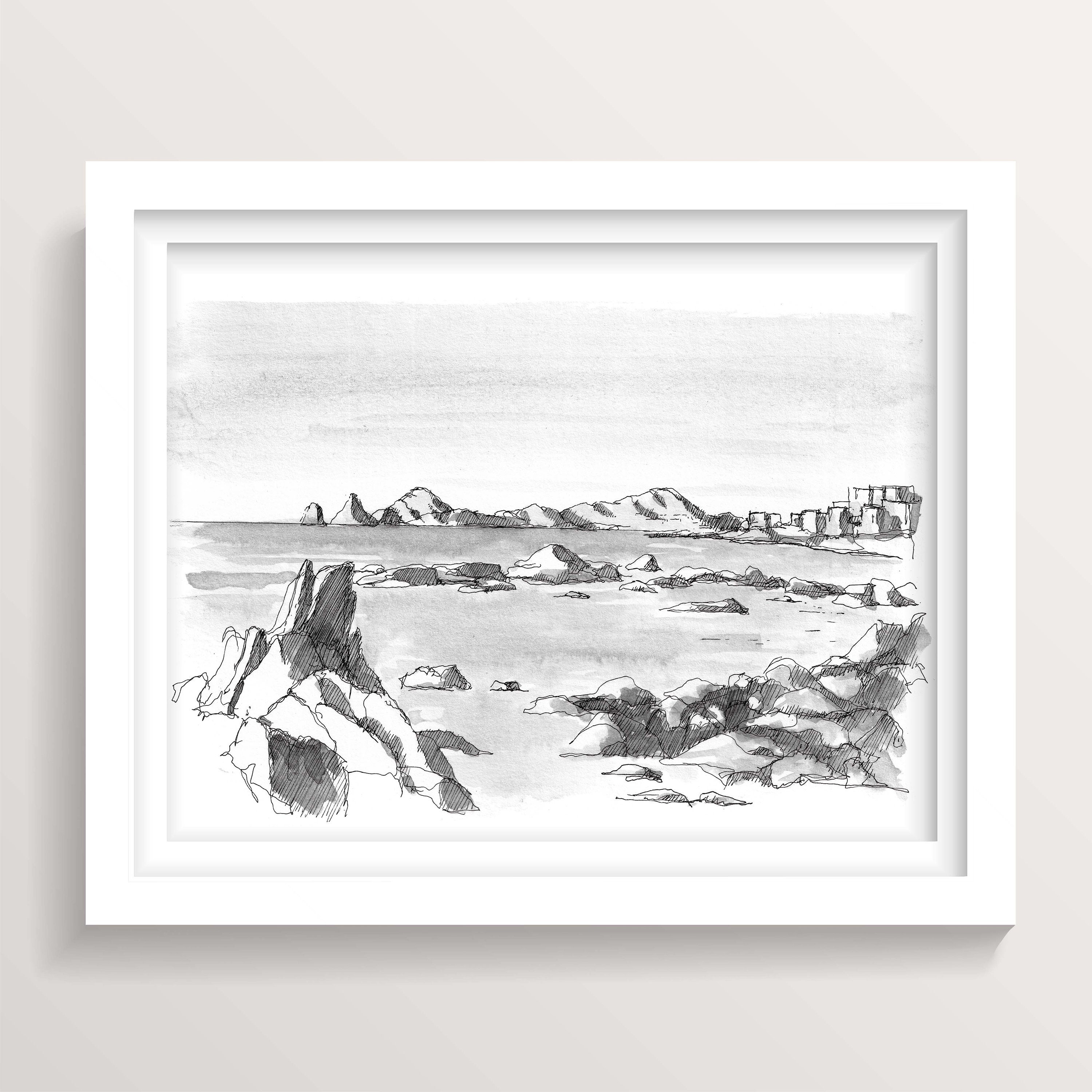 CABO SAN LUCAS, Mexico - Rocky Beach Coastline, Waves, Plein Air Ink ...