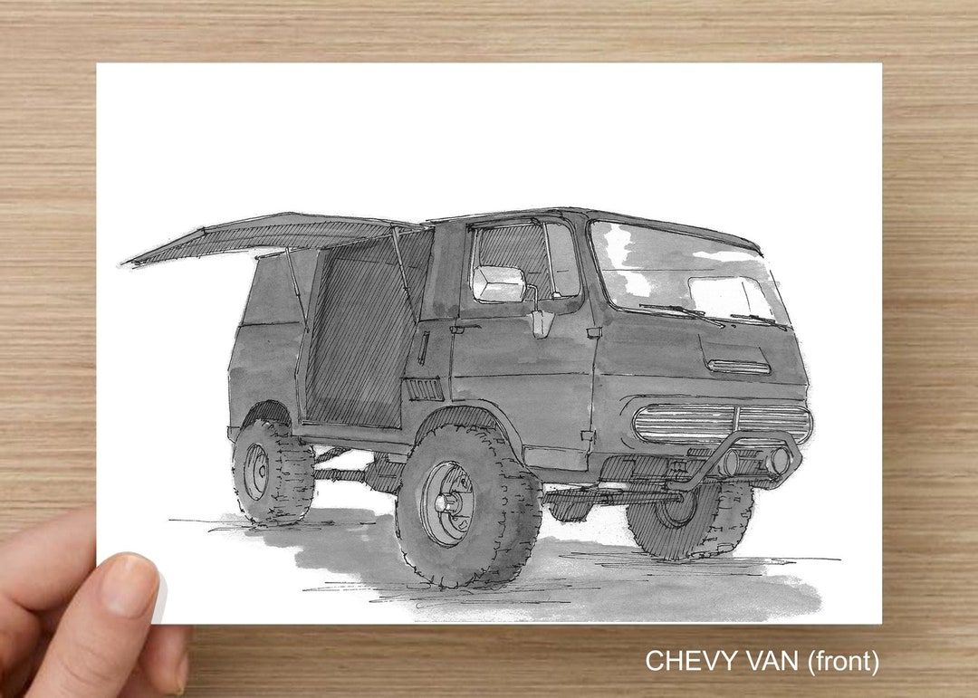 CLASSIC CHEVY VAN - Vintage, Van, Vanlife, Custom 4x4, Drawing, Pen and ...