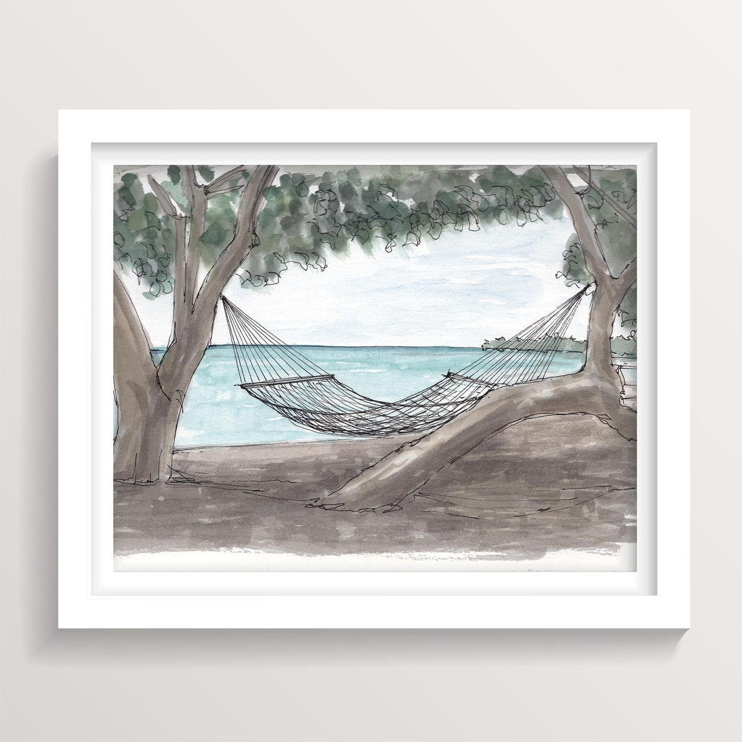 TROPICAL SHADE TREE - Hammock, Beach, Ocean, Shady, Sea, Pen and Ink ...