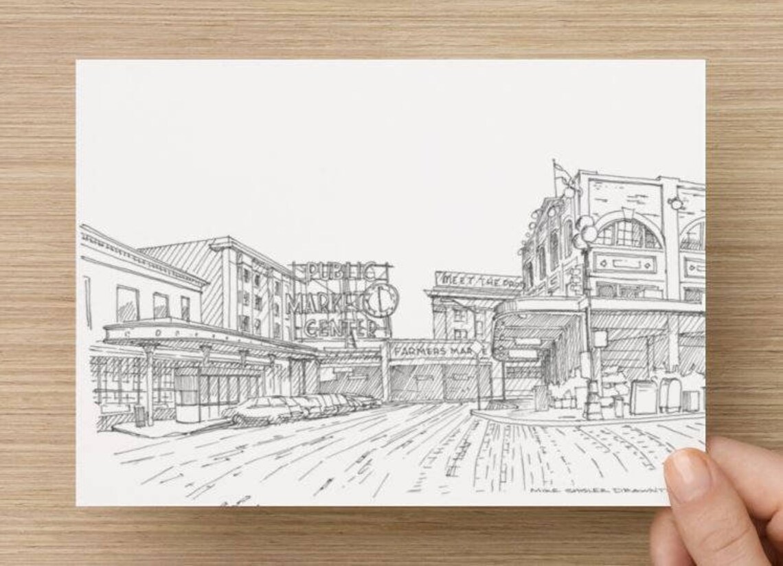PIKE PLACE MARKET Seattle Washington Drawing Pen and Ink | Etsy