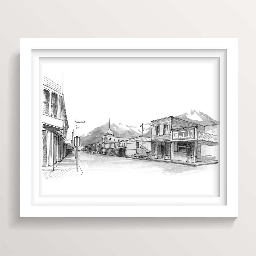 BROAD STREET SKAGWAY - Alaska Pen and Ink Drawing Painting, Klondike ...