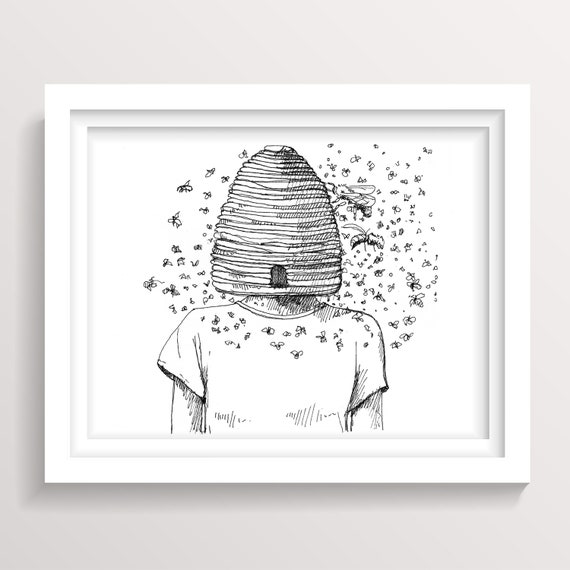 HIVE MIND Woman Bees Beehive Honey Pen and Ink Drawing - Etsy