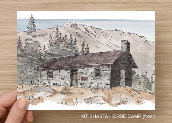 MOUNT SHASTA CABIN Ink and Watercolor Art Prints Drawing | Etsy