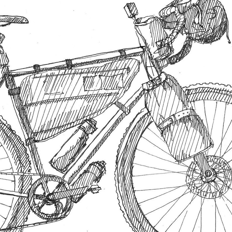 BIKEPACKING BIKE - Pen and Ink Black and White Bike Art Drawing Sketch ...