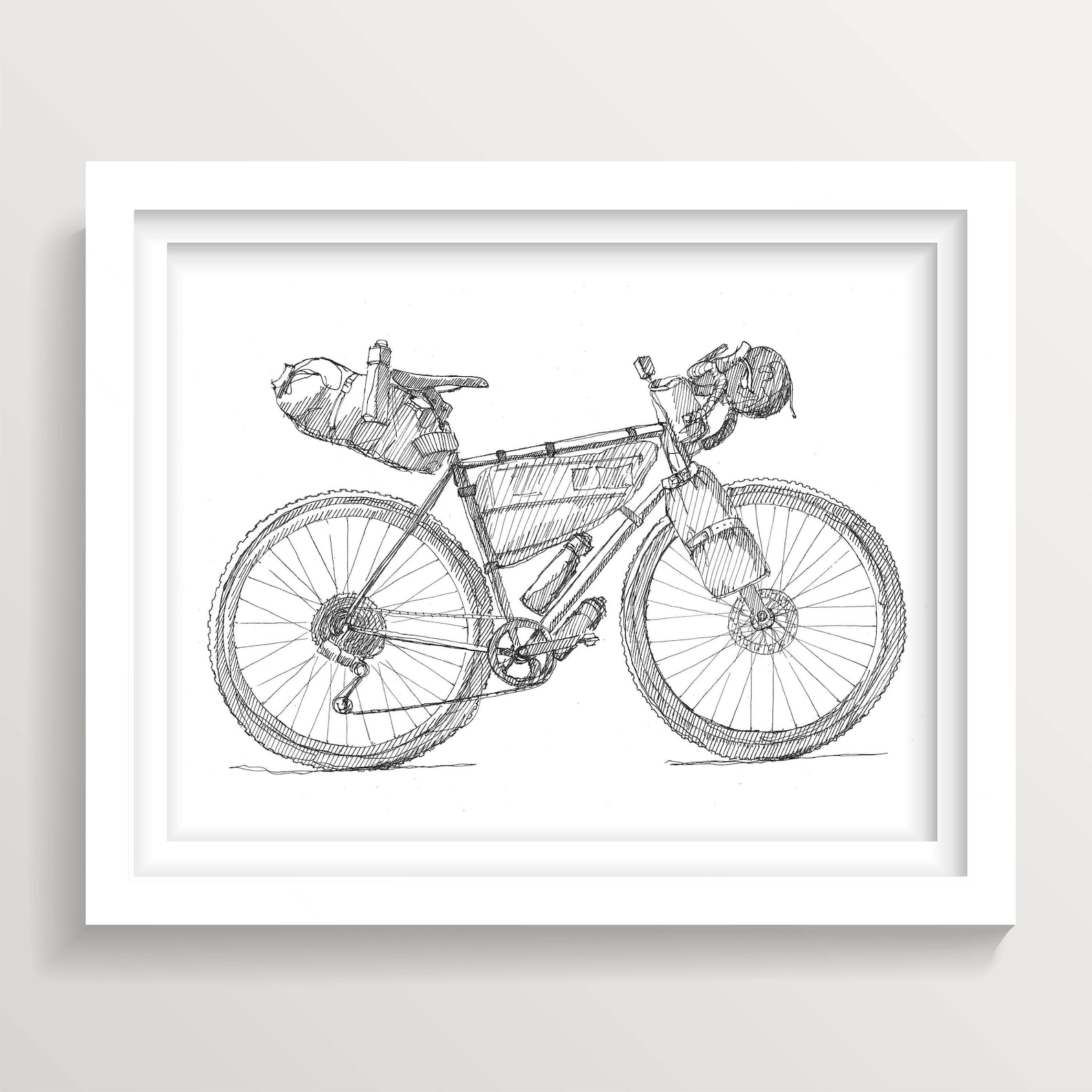 BIKEPACKING BIKE - Pen and Ink Black and White Bike Art Drawing Sketch ...