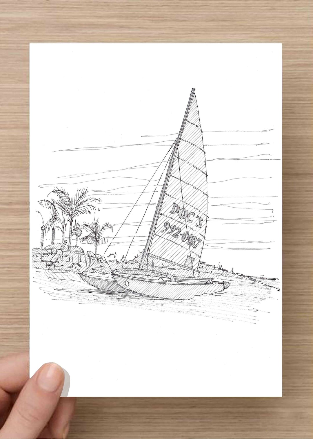 CATAMARAN SAILBOAT on Beach in Florida - Pen and Ink, Drawing, Art ...