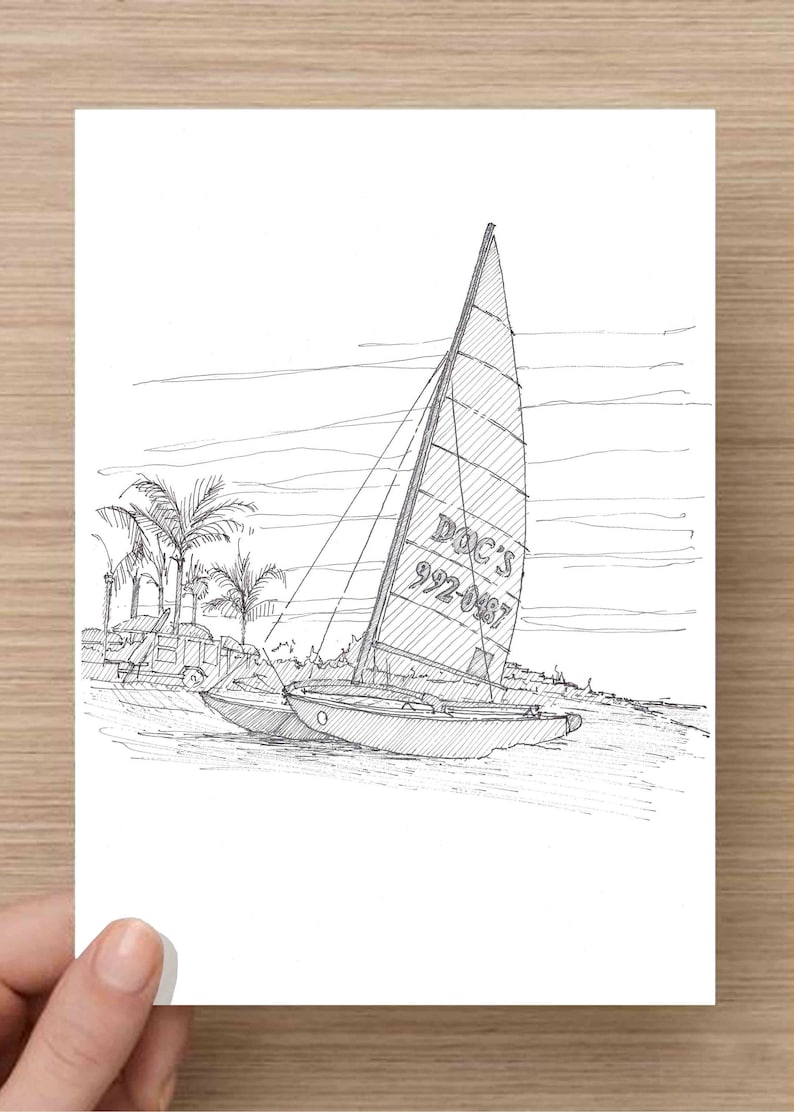 CATAMARAN SAILBOAT on Beach in Florida Pen and Ink Drawing | Etsy